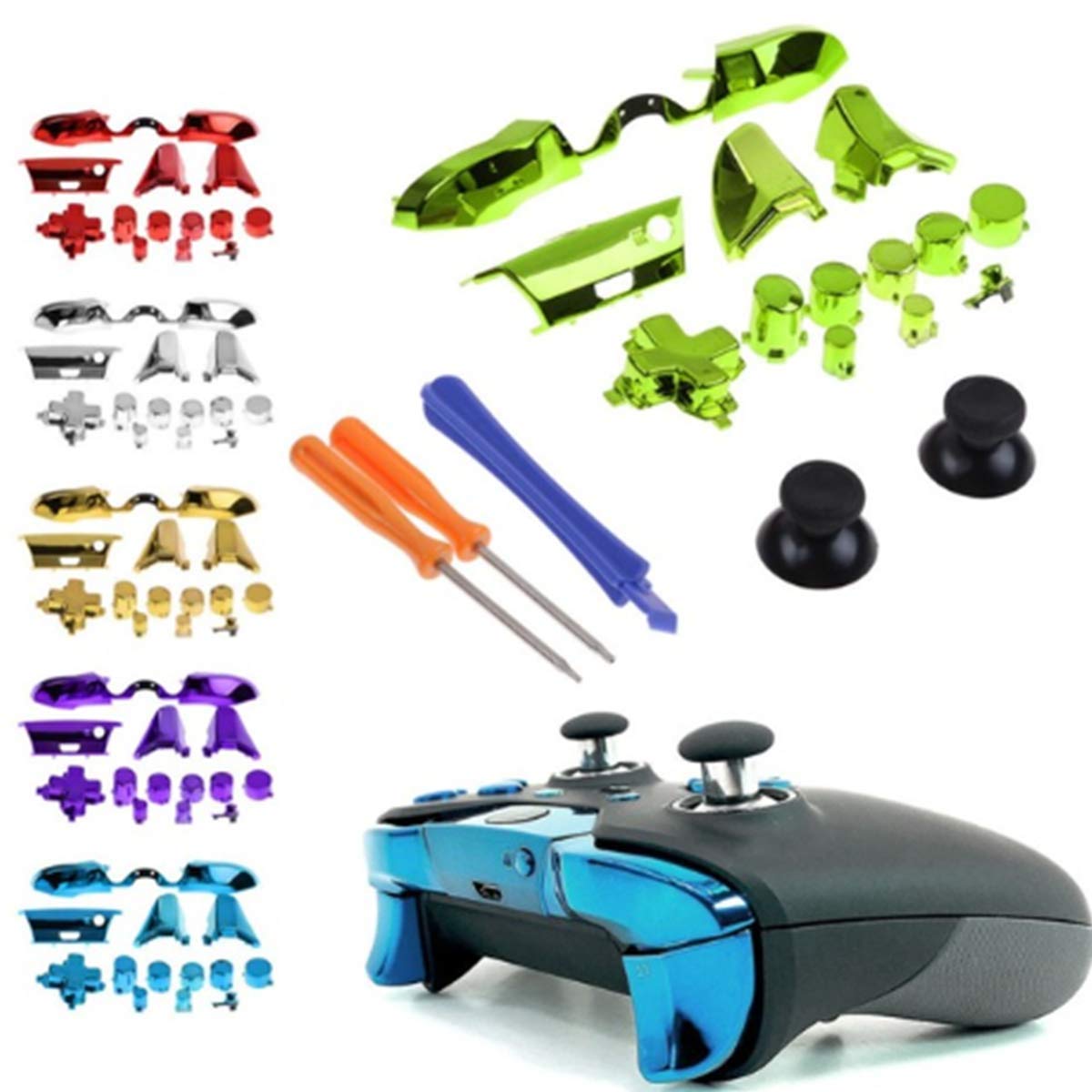 for Xbox One Elite Controller Full Button Kit Dpad RT LT RB LB ABXY Guide Trigger Bumper Buttons Set + T8 T6 Screwdrivers Crowbar (Blue)