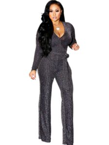 sparkly jumpsuits for women elegant night sexy plus size long sleeve clubwear party casual rompers wide leg pants silver xl