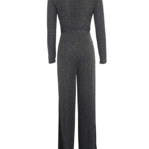 Sparkly Jumpsuits for Women Elegant Night Sexy Plus Size Long Sleeve Clubwear Party Casual Rompers Wide Leg Pants Silver XL