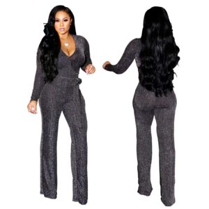 Sparkly Jumpsuits for Women Elegant Night Sexy Plus Size Long Sleeve Clubwear Party Casual Rompers Wide Leg Pants Silver XL