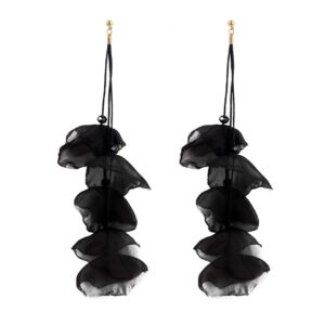 black earrings for women long tiered chiffon flower statement earrings unique drop dangle earrings for daily dresses wedding holiday party