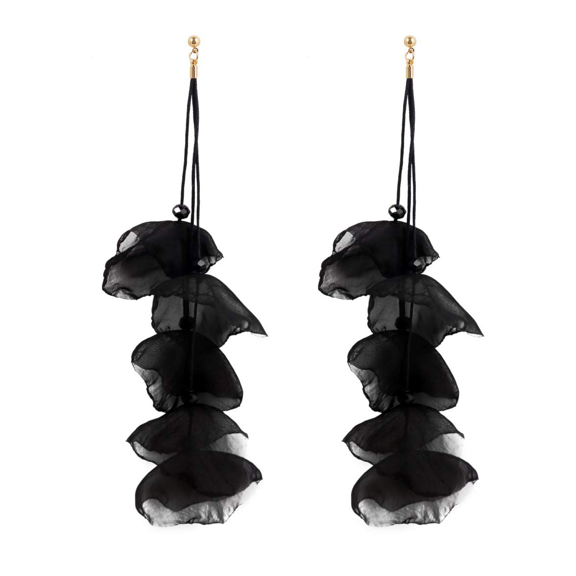 Black Earrings for Women Long Tiered Chiffon Flower Statement Earrings Unique Drop Dangle Earrings for Daily Dresses Wedding Holiday Party