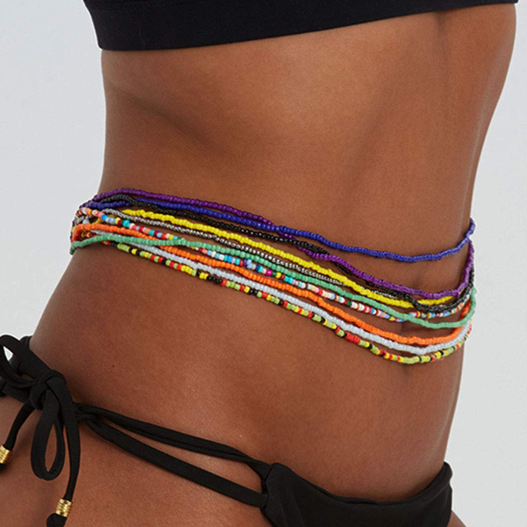 Nicute Plus Size African Waist Chain Beads Layered Belly Chain Stretchy Beach Bikini Waist Body Chain for Women (Pack of 10 Pieces)