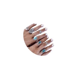 barode boho turquoise knuckle vintage feather joint knuckle ring set stackable midi ring set for women(8pcs)