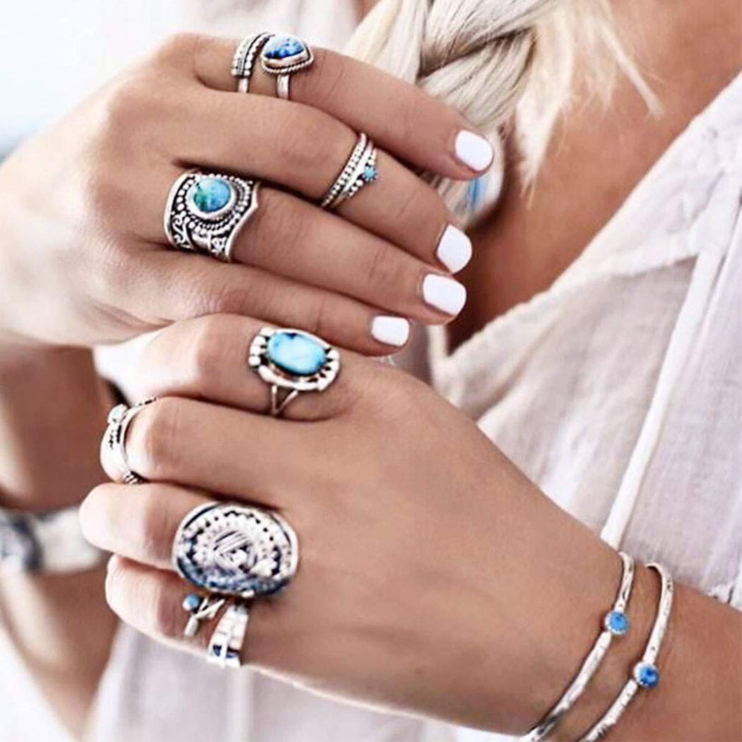 Barode Boho Turquoise Knuckle Vintage Feather Joint Knuckle Ring Set Stackable Midi Ring Set for Women(8PCS)