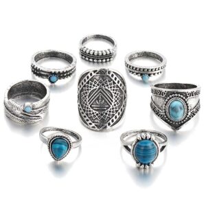 Barode Boho Turquoise Knuckle Vintage Feather Joint Knuckle Ring Set Stackable Midi Ring Set for Women(8PCS)