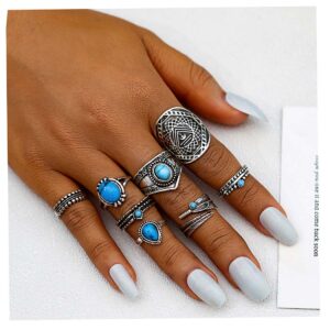 Barode Boho Turquoise Knuckle Vintage Feather Joint Knuckle Ring Set Stackable Midi Ring Set for Women(8PCS)