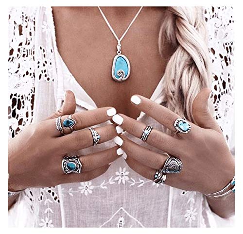 Barode Boho Turquoise Knuckle Vintage Feather Joint Knuckle Ring Set Stackable Midi Ring Set for Women(8PCS)