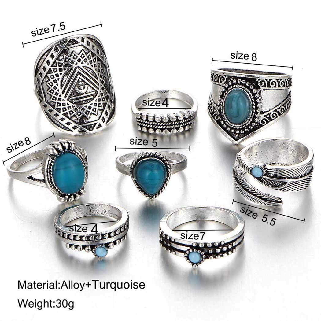 Barode Boho Turquoise Knuckle Vintage Feather Joint Knuckle Ring Set Stackable Midi Ring Set for Women(8PCS)