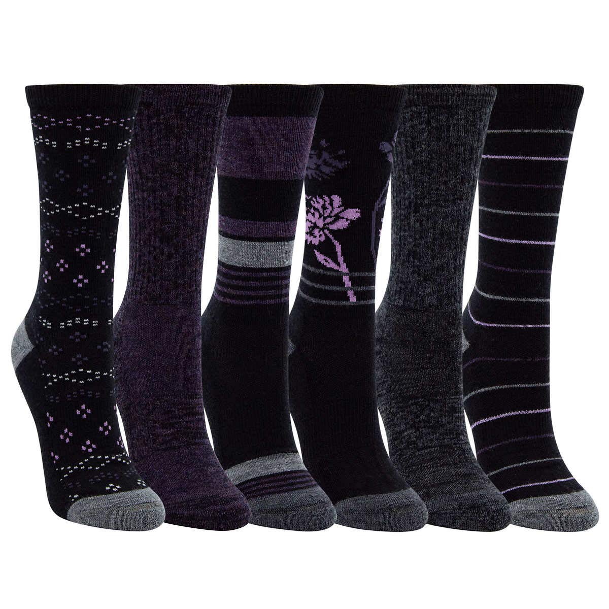 Kirkland Signature Womens 6 Pack Extra Fine Merino Wool Trail Socks (Black/Purple)