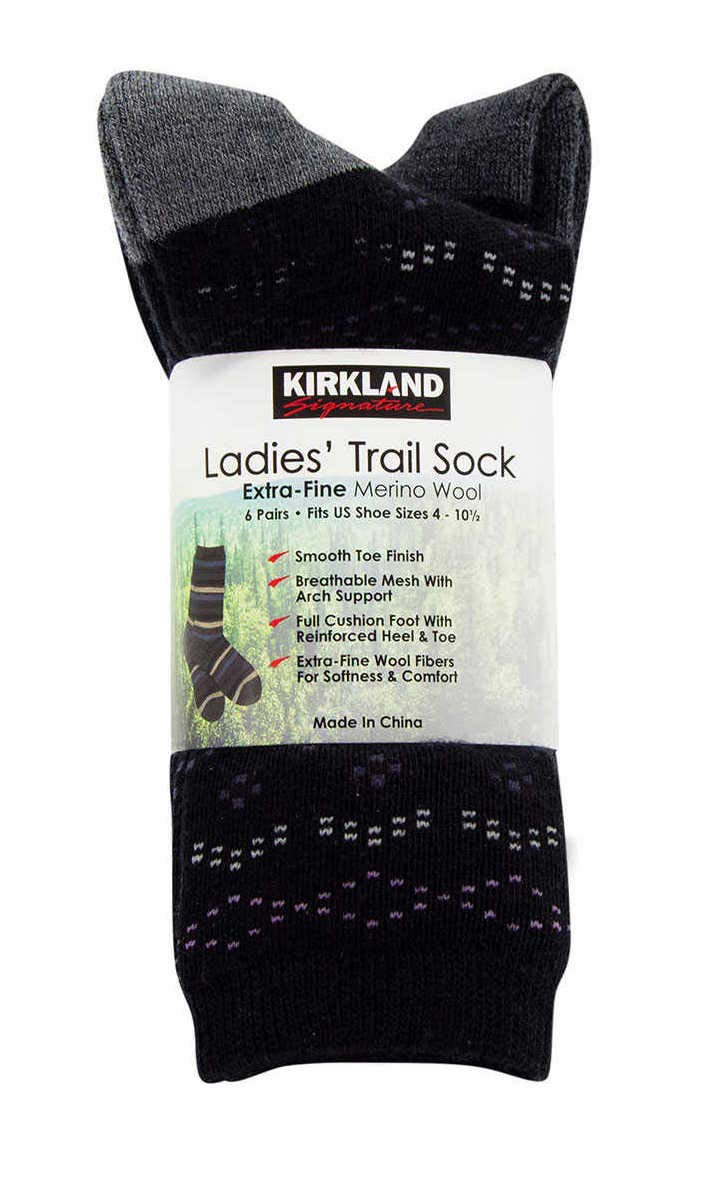 Kirkland Signature Womens 6 Pack Extra Fine Merino Wool Trail Socks (Black/Purple)