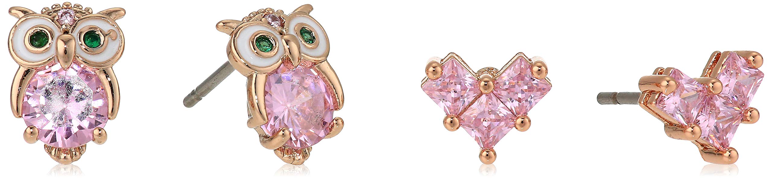 Betsey Johnson CZ Stone Delicate Owl & Heart Duo Stud Earrings Set