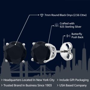 Gem Stone King 925 Sterling Silver Black Onyx Stud Earrings For Women (2.56 Cttw, Gemstone Birthstone Round 7MM)