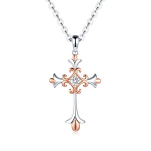 fancime two-tone 14k white rose gold plated sterling silver embossed infinity cross crucifix pendant necklace with round cz for women,16+2"