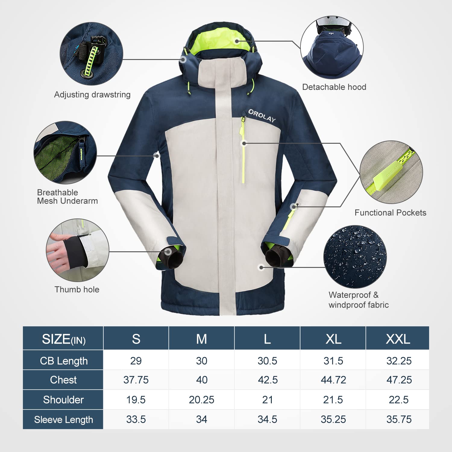 Orolay Men's Mountain Waterproof Ski Jacket Windproof Rain Jacket Winter Warm Snow Coat Blue L