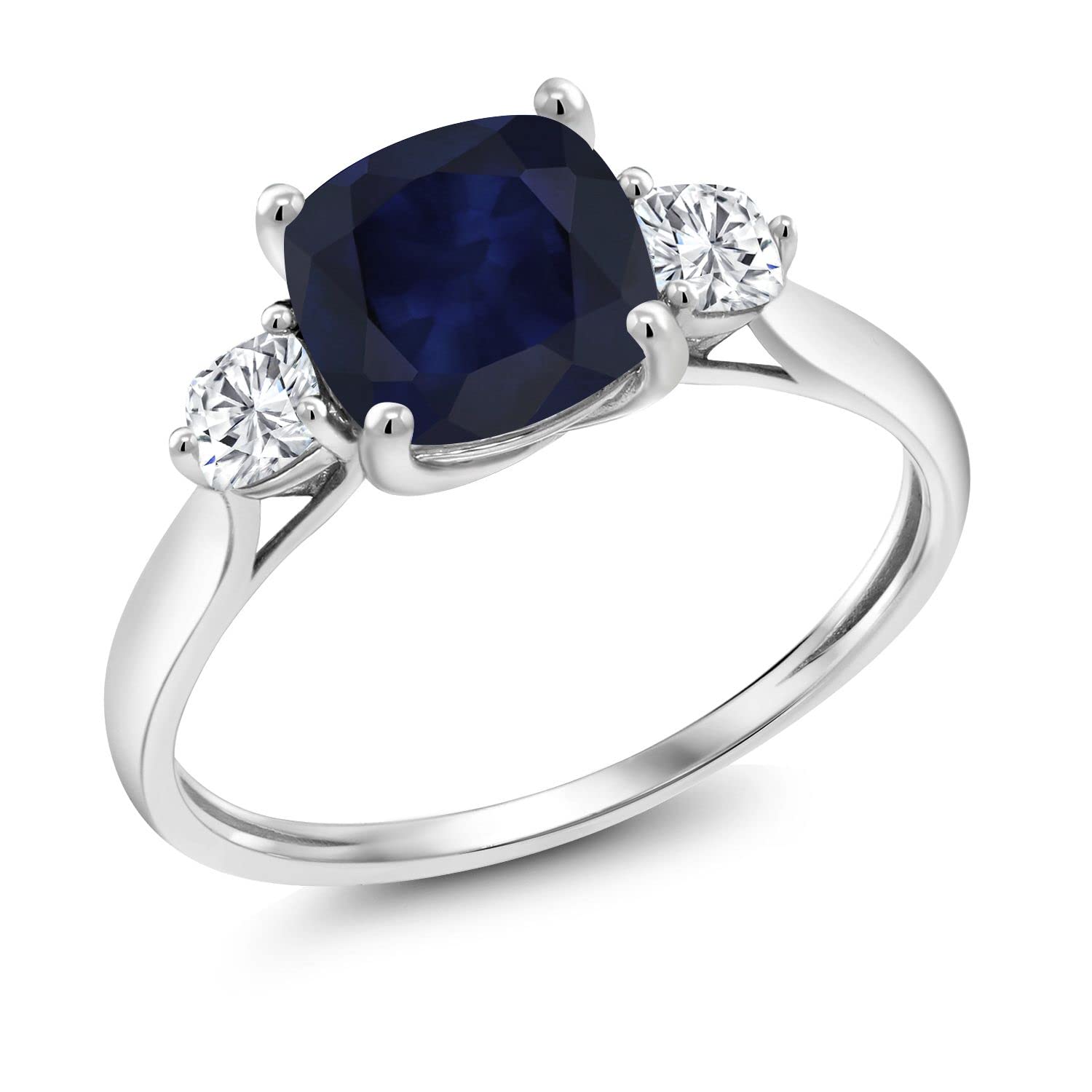 Gem Stone King 10K White Gold Blue Sapphire and White Moissanite 3-Stone Engagement Ring | 2.26 Cttw | Cushion 7MM | 3 Stone Wedding Anniversary Promise Gold Ring For Women (Size 7)