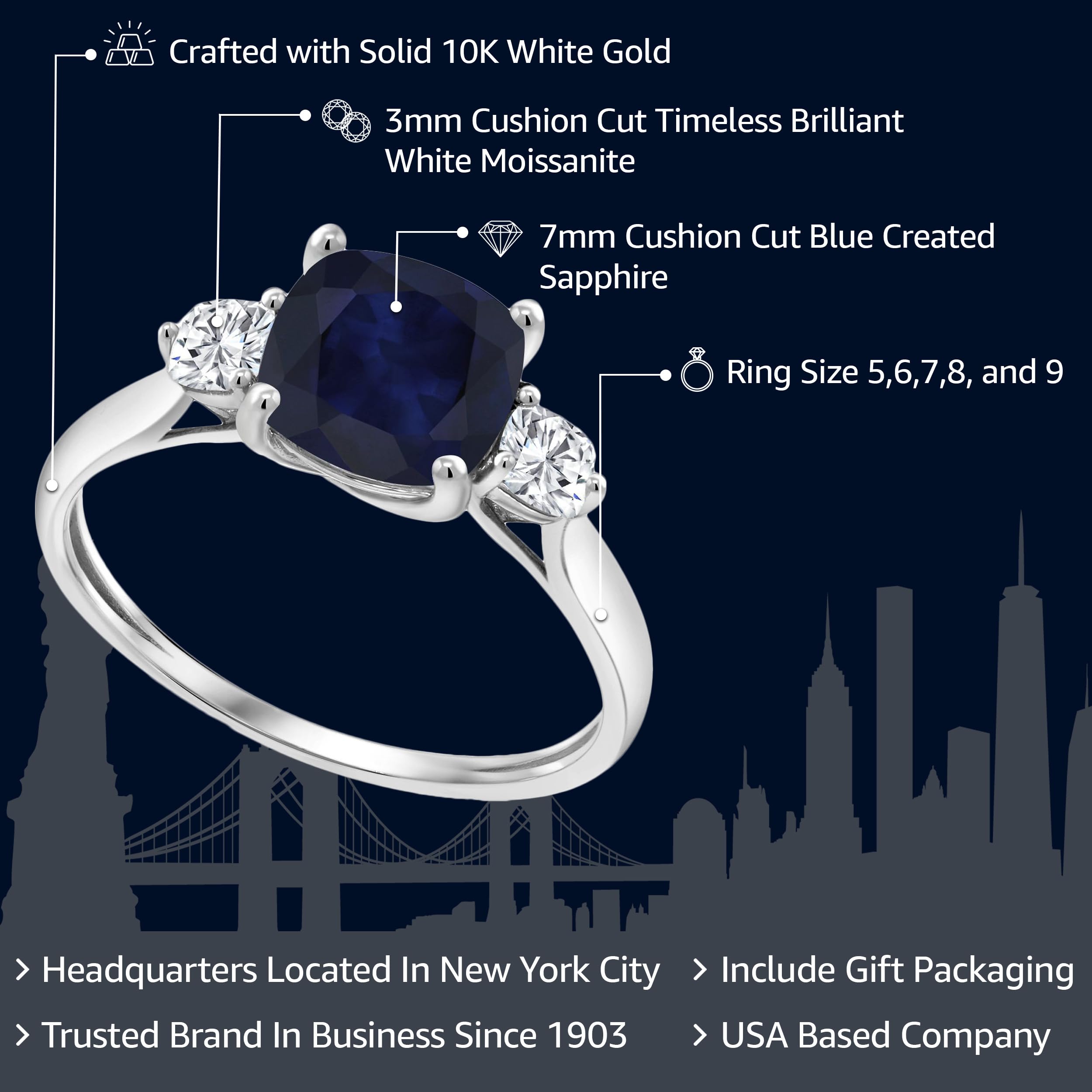 Gem Stone King 10K White Gold Blue Sapphire and White Moissanite 3-Stone Engagement Ring | 2.26 Cttw | Cushion 7MM | 3 Stone Wedding Anniversary Promise Gold Ring For Women (Size 7)