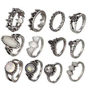 A Set of 12pcs Vintage Women Mid Ring Flower Turtle Rhinestone Joint Knuckle Nail Ring Set