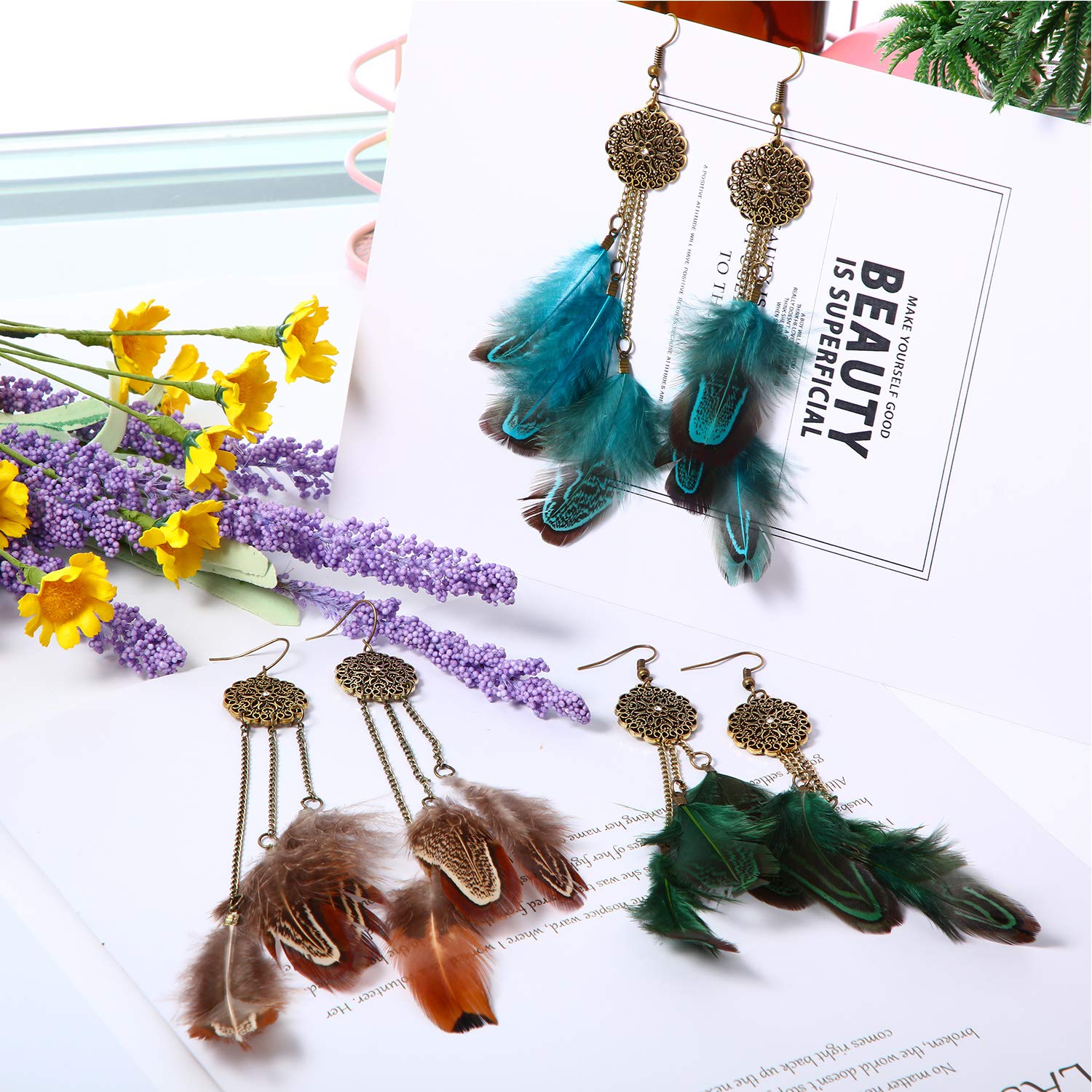 6 Pairs Women Faux Feather Earrings Dream Catcher Earring Bohemian Fringe Tassel Long Drop Dangle Earrings Set with Design for Women (Style 8)