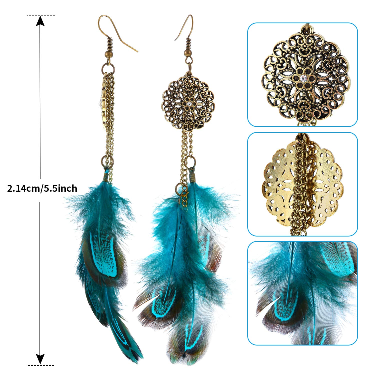 6 Pairs Women Faux Feather Earrings Dream Catcher Earring Bohemian Fringe Tassel Long Drop Dangle Earrings Set with Design for Women (Style 8)