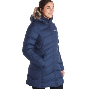 marmot women's montreal mid-thigh length down puffer coat, arctic navy, large