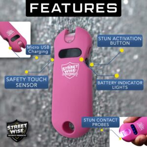 Streetwise Smart 24,000,000 Stun Gun Keychain Rechargeable with LED Flashlight - Personal Defense Equipment - Protection Keychain - Pink