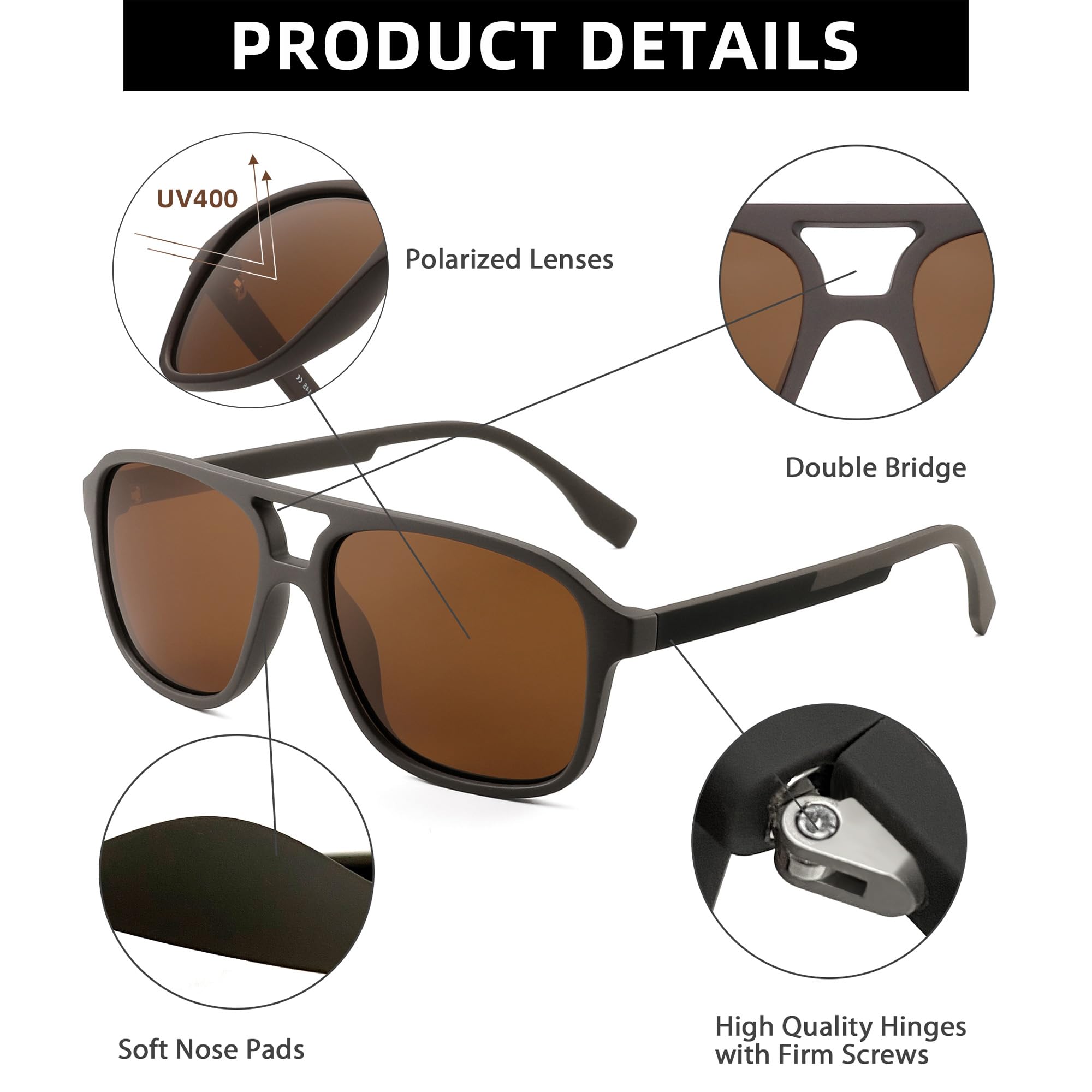 JIM HALO Polarized Aviator Sunglasses Men Women Vintage Square Driving Glasses (Matte Coffee Frame/Polarized Brown Lens)