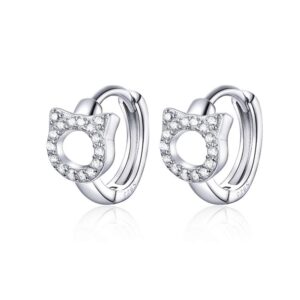 cute cat cubic zirconia cartilage small hoop earrings for women teen girls 925 sterling silver cz tiny hollow kitty pet hinged huggie sleeper hoops hypoallergenic for sensitive ear dainty jewelry