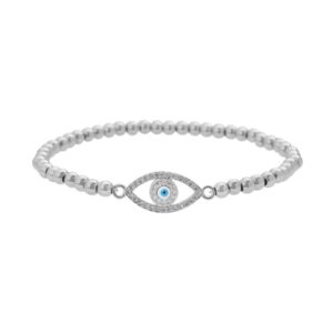 edforce stainless steel women evil eye ball chain elastic bracelet with cz cubic zirconia (eye silver)