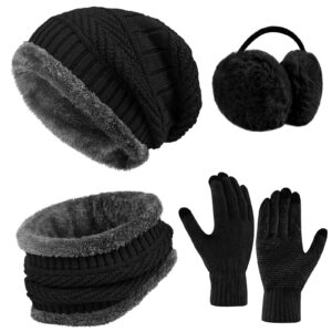 4-pieces warm winter beanie hat scarf set thick knit hat beanie skull caps scarfs for women men(black, one size)