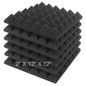 jber acoustic sound foam panels, 6 pack 2" x 12" x 12" charcoal soundproofing treatment studio wall padding sound absorbing fireproof pyramid black wall panel…