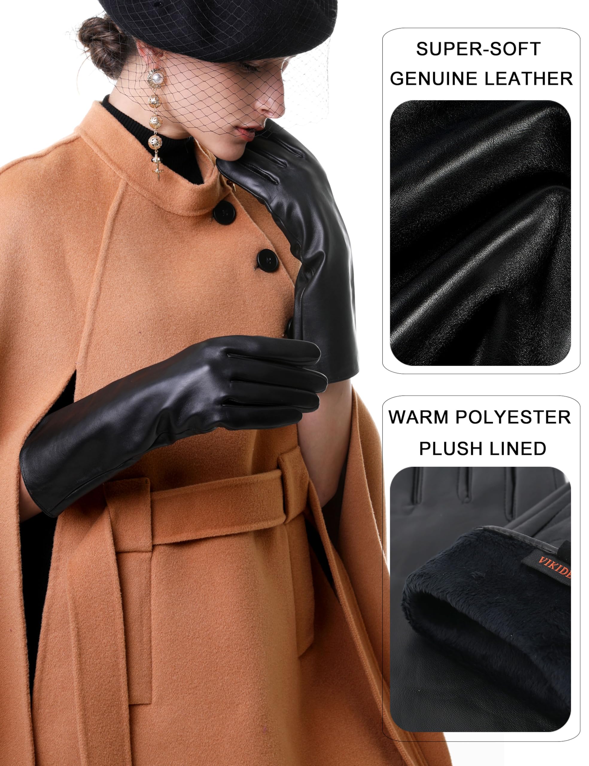 VIKIDEER Long Genuine Leather Gloves for Women Full Touchscreen Winter Warm Lined Elegant Type Little Bigger Black Meduim-12.7"