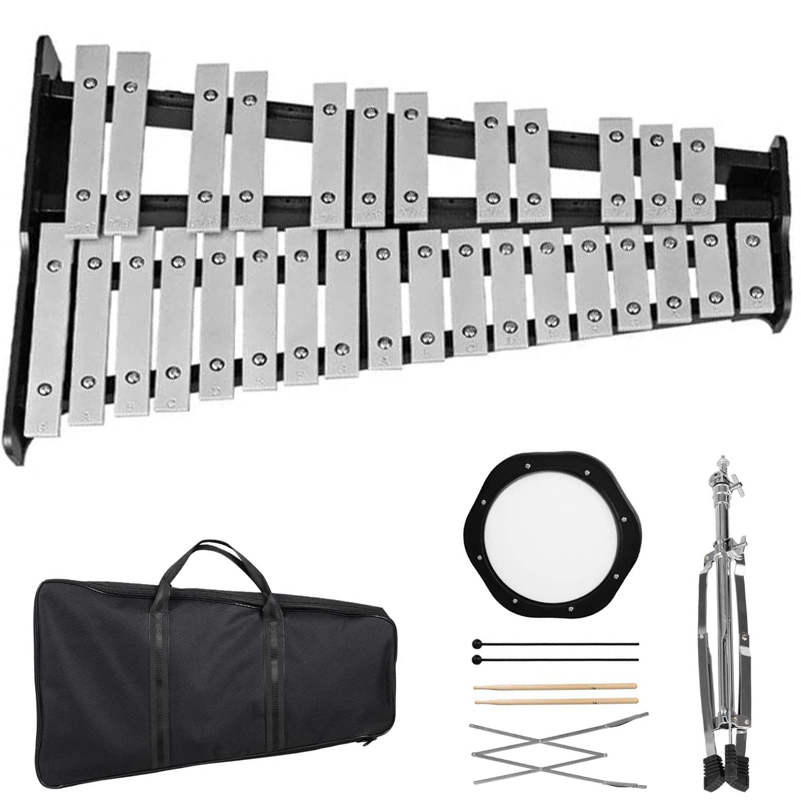 Giantex Percussion Glockenspiel Bell Kit 30 Notes with Carry Case, Practice Pad, Adjustable Height Stand, Bell Mallets, Wooden Sticks, Music Stand, Xylophone Percussion Instrument Set