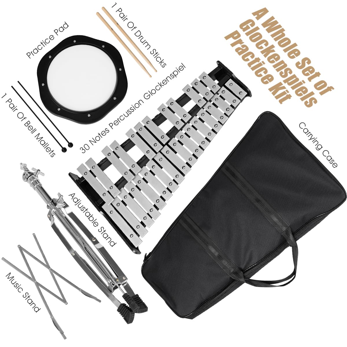 Giantex Percussion Glockenspiel Bell Kit 30 Notes with Carry Case, Practice Pad, Adjustable Height Stand, Bell Mallets, Wooden Sticks, Music Stand, Xylophone Percussion Instrument Set