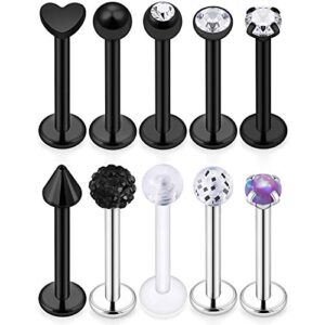 ftovosyo 10pcs 16g 316l stainless steel lip ring 3mm cubic zirconia labret studs monroe cartilage tragus helix earring piercing jewelry 10mm bar length for women men black 10mm