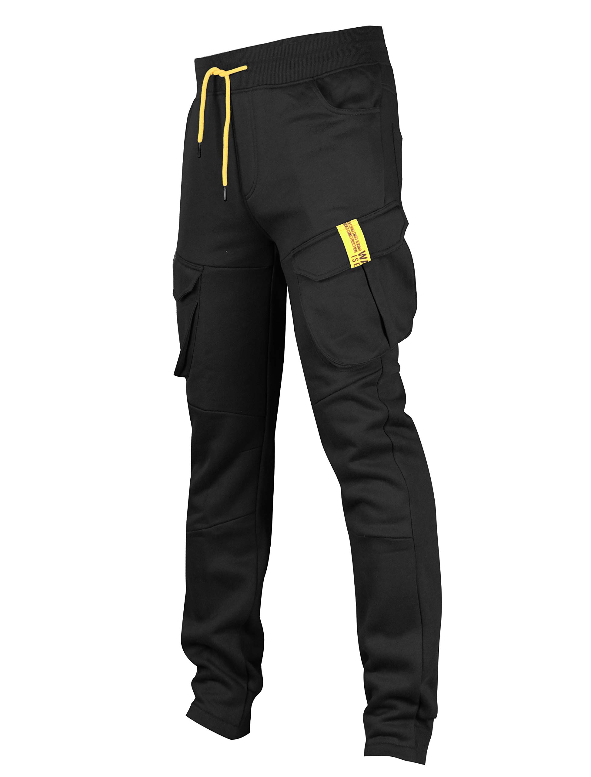 SCREENSHOT SPORTS-P11960 Mens Premium Hip Hop Cargo Pockets Fleece Pants - Slim Athletic Jogger Fitness Workout Utility Sweatpants-Black-Medium