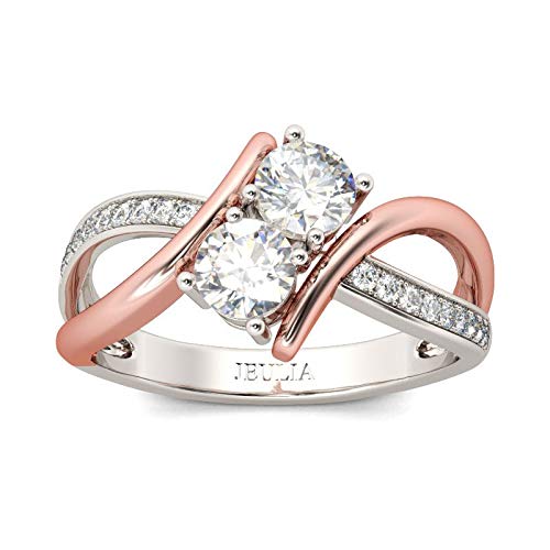 Jeulia Two Tone Crossover Rings for Women Sterling Silver Round Cut Engagement Rings Rose Gold Plated Bridal Set Solitaire Cubic Zirconia Wedding Promise Rings with Jewelry Box (6)