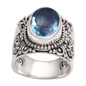 novica artisan handmade blue topaz single stone ring sterling silver from bali cocktail indonesia gemstone birthstone [crownbezel 0.7 in h x 0.6 in w x 0.3 in d band width 8 mm w] ' glorious vines'