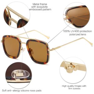 SOJOS Retro Square Polarized Sunglasses for Men Women Goggle Classic Alloy Frame HERO SJ1126 with Gold Frame/Tortoise Rim/Brown Lens