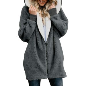 plus size winter coats for women warm shaggy lining solid oversized fluffy hooded coats jackets outerwear parka gray