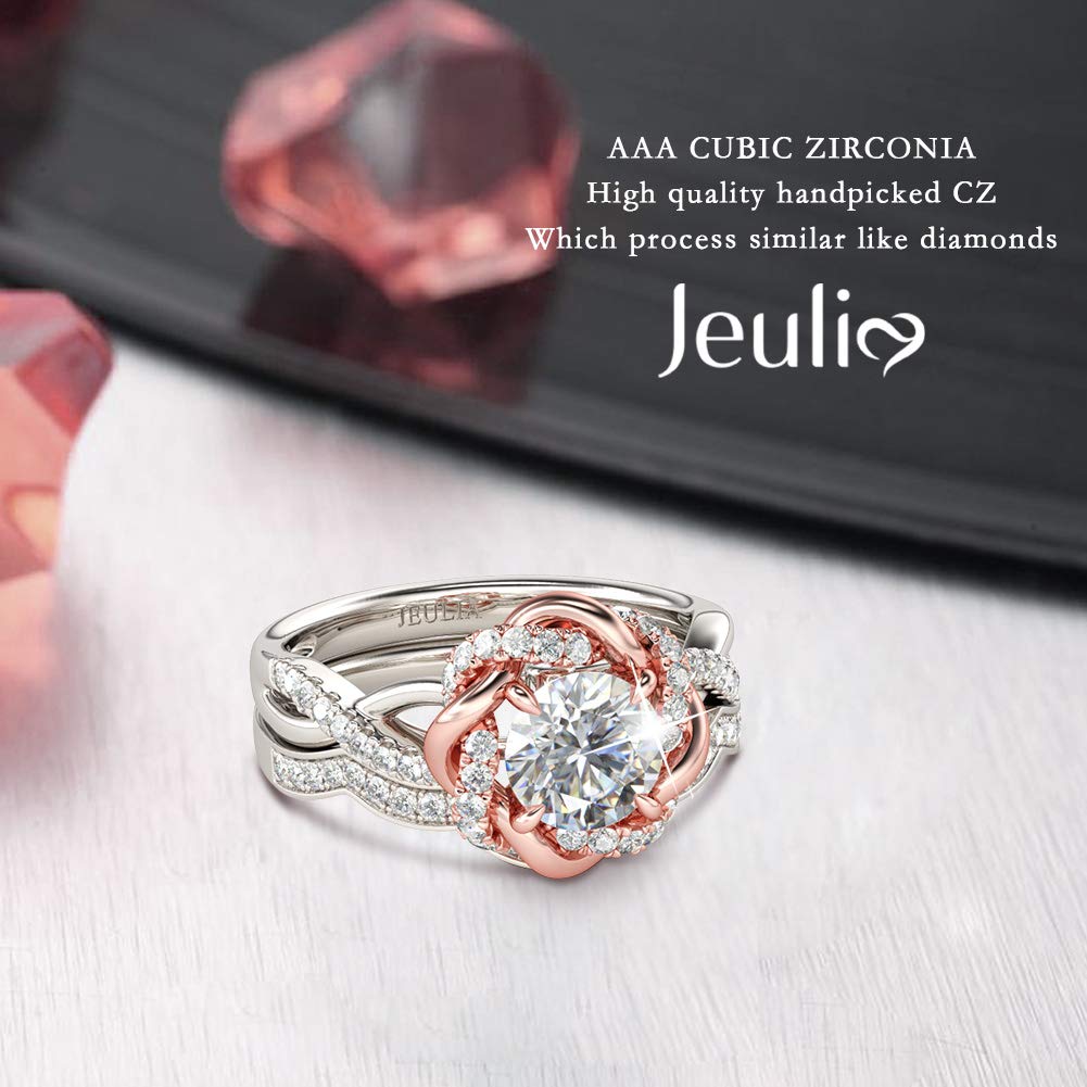 Jeulia Halo Solitaire Engagement Rings for Women Sterling Silver Floral Flower Rings Rose Gold Plated Diamond Ring Round Cut Bridal Ring Set Anniversary Promise Rings for Her