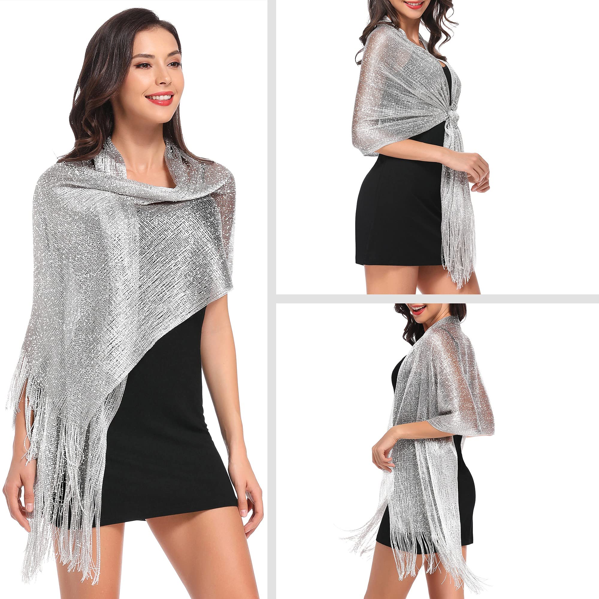 vimate Silver Shawl for Women, Glittering Metallic Shawl Scarf and Wraps for Evening Patry Dresses (Silver)