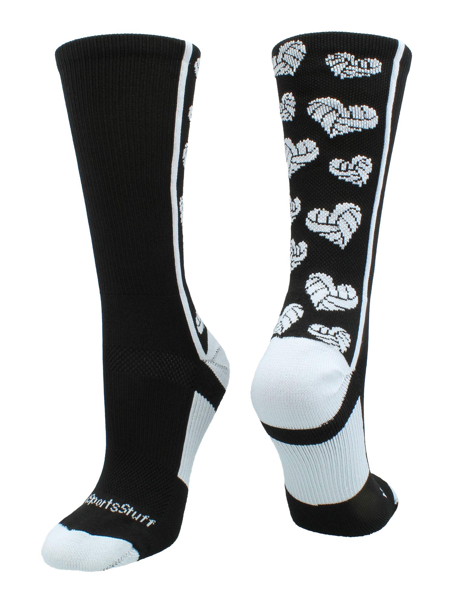 MadSportsStuff Crazy Love Volleyball Hearts Crew Socks (Black/White, Medium)