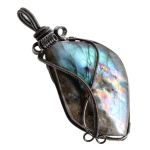 sunyik natural labradorite pendant necklace for men women, irregular handmade wire wrapped crystal necklace for unisex