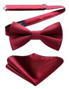 hisdern bow ties for men burgundy pre-tie bow tie and pocket square set adjustable solid color bow tie classic men's tuxedo bowtie for wedding party