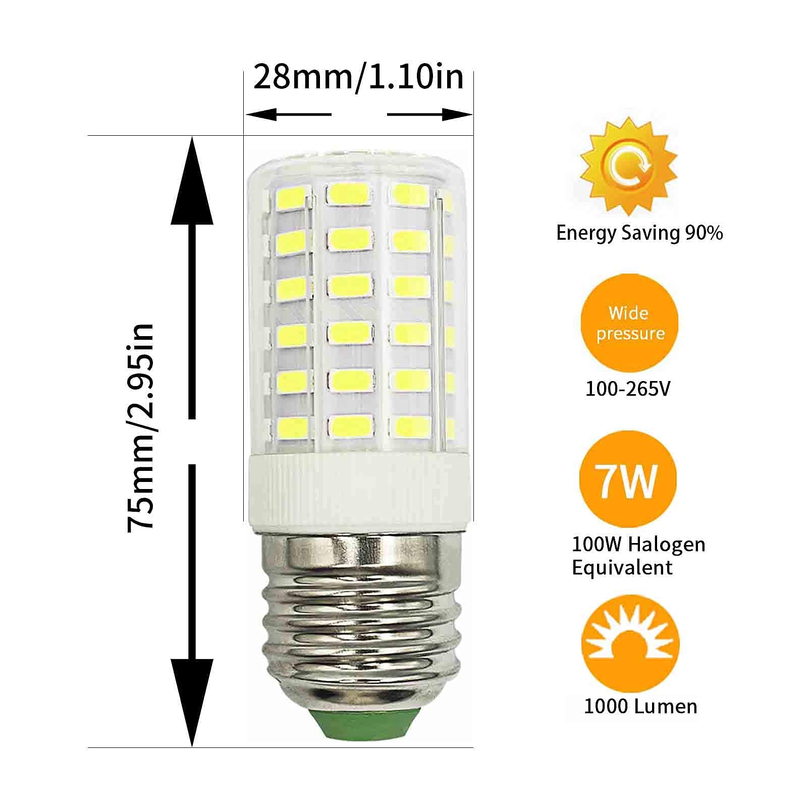 3 Pack LED Bulbs Appliance E26 60W 100W Halogen Equivalent Refrigerator Lamp 100-265V Daylight White 6000K 1000Lm 7W Kitchen AC Freezers Model Hall Medium Screw Base Non-Dimmable T10 Corn Light Bulb