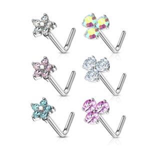 wildklass 6 pcs of cz flower and 3 prong set cz top 316l surgical steel l bend nose stud rings gem box package