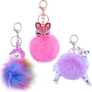 willbond 3 pieces cute animal unicorn pom pom keychain faux fluffy key ring for women girls (fox alpaca unicorn style)