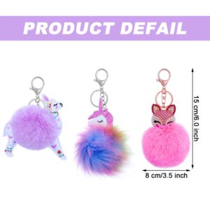 WILLBOND 3 Pieces Cute Animal Unicorn Pom Pom Keychain Faux Fluffy Key Ring for Women Girls (Fox Alpaca Unicorn Style)