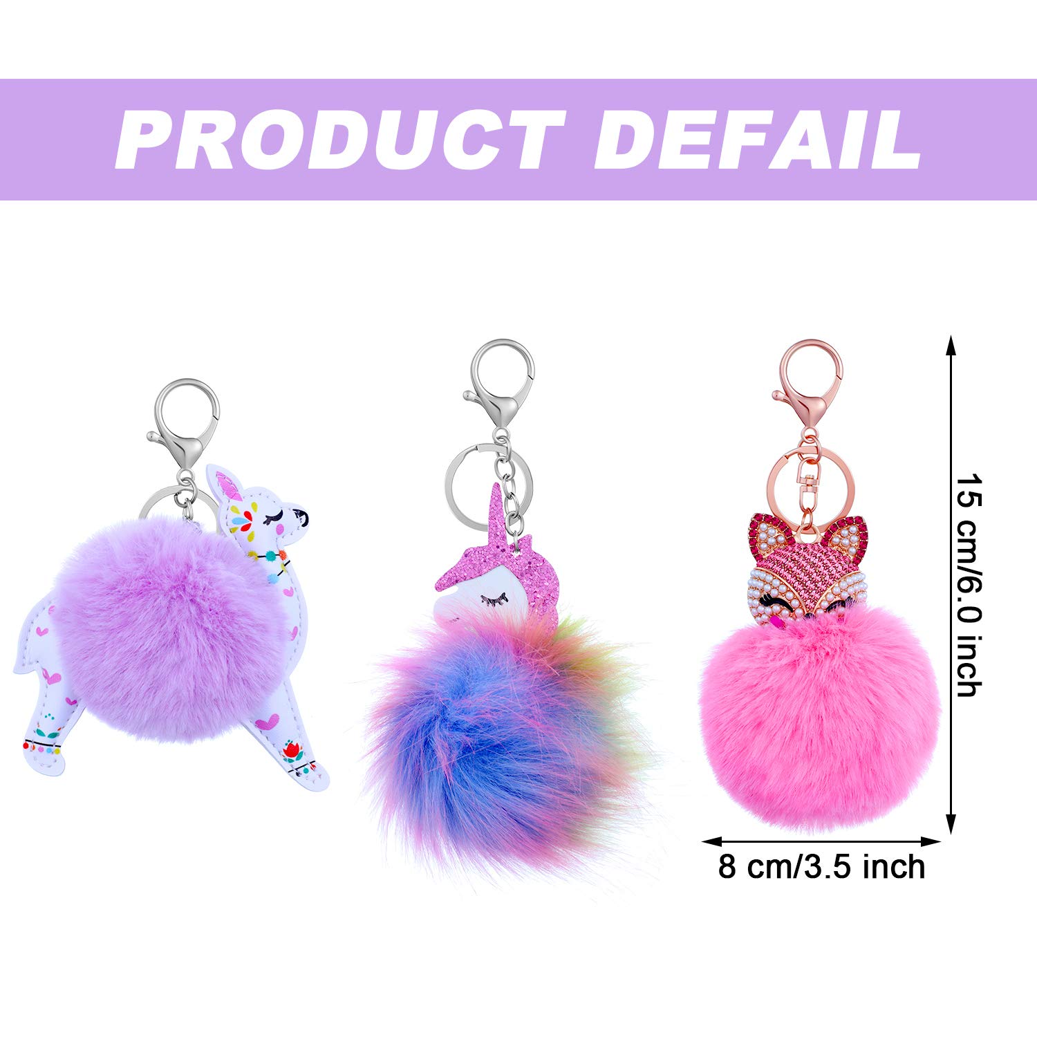 WILLBOND 3 Pieces Cute Animal Unicorn Pom Pom Keychain Faux Fluffy Key Ring for Women Girls (Fox Alpaca Unicorn Style)